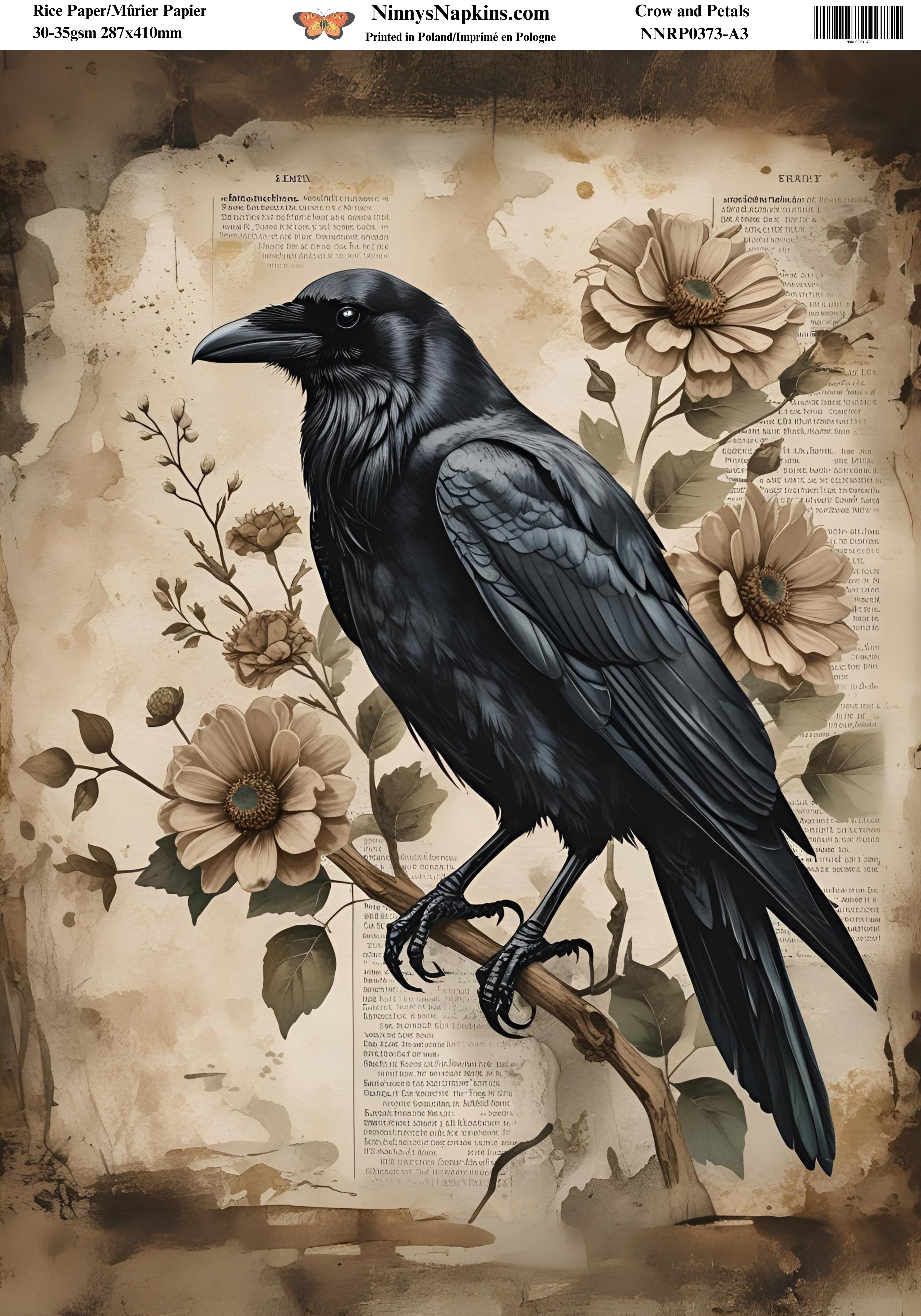 Decoupage Rice Paper - Crow and Petals – Ninnys Napkins